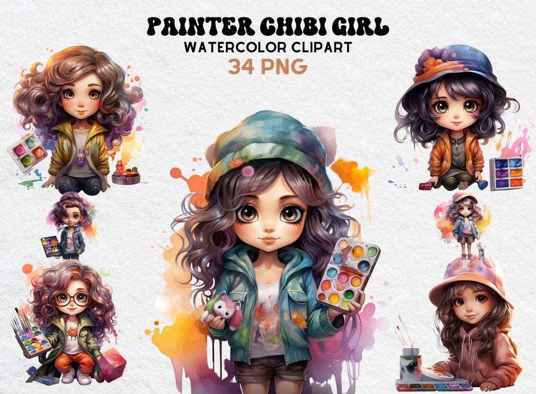Cute Painter Chibi Girls, Watercolor Girls, Cute Illustrations, Digital ...