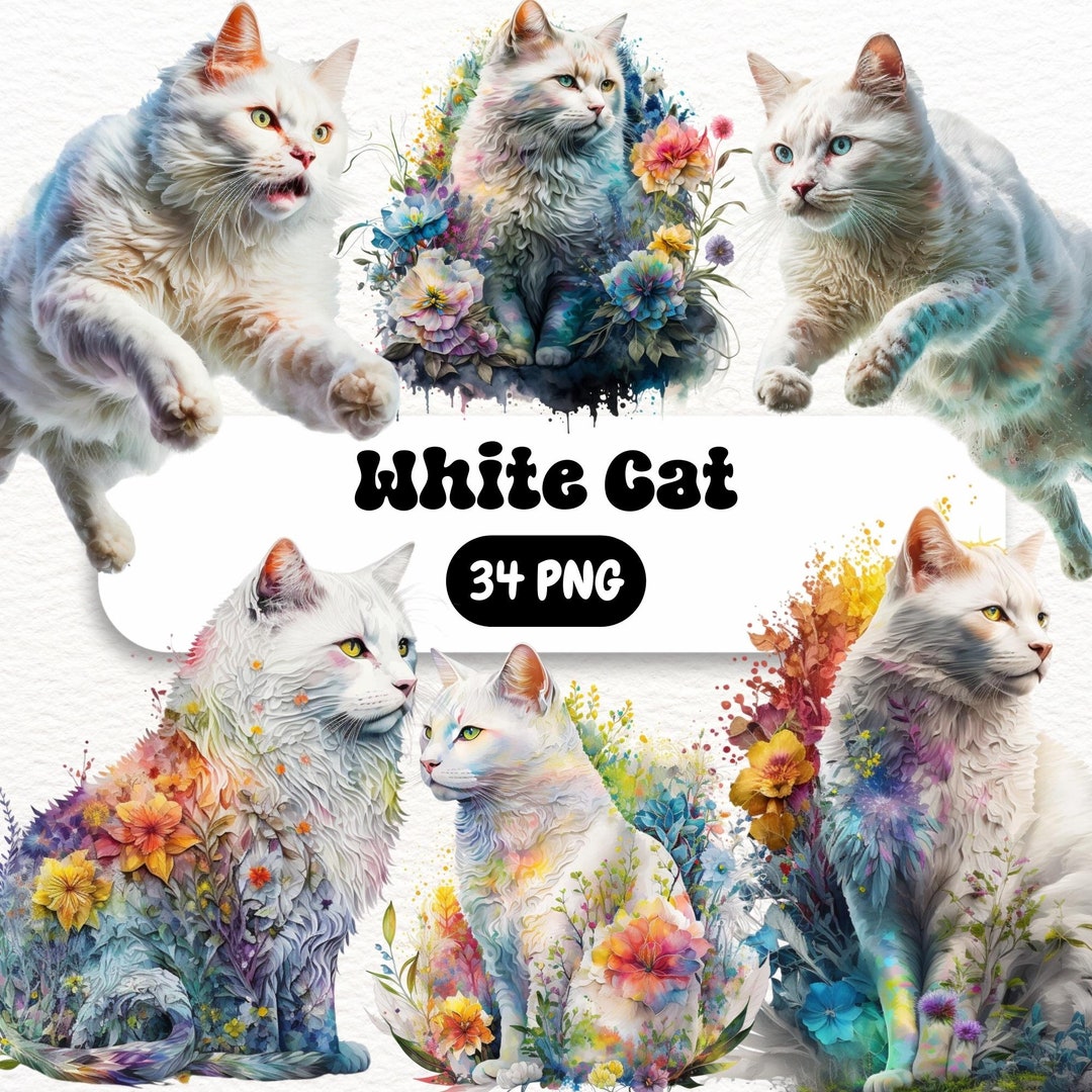 Watercolor White Cat Clipart. 33 High Quality Jpgs, Cute Cats and ...
