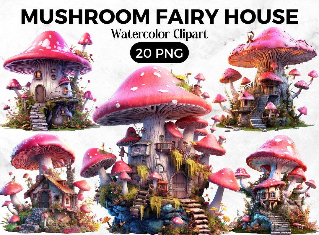 Pink Mushroom Fairy House Watercolor Fantasy Clipart,kids Art Clipart ...