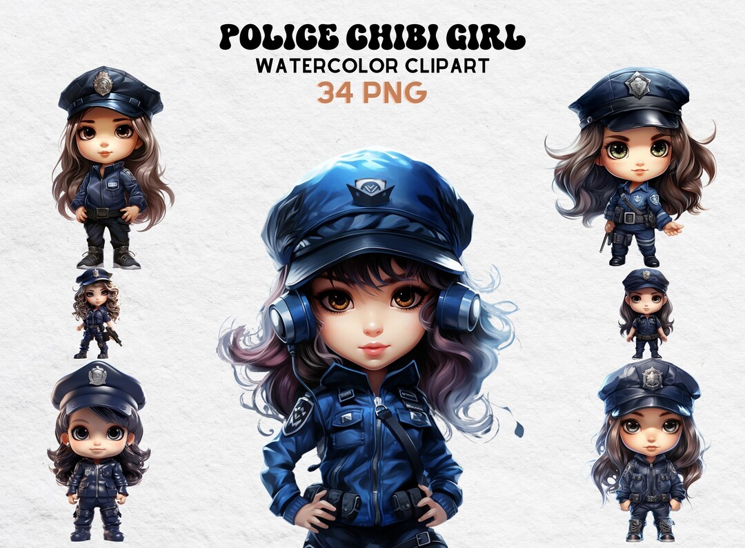Cute Police Chibi Girls, Watercolor Girls, Cute Illustrations, Digital ...