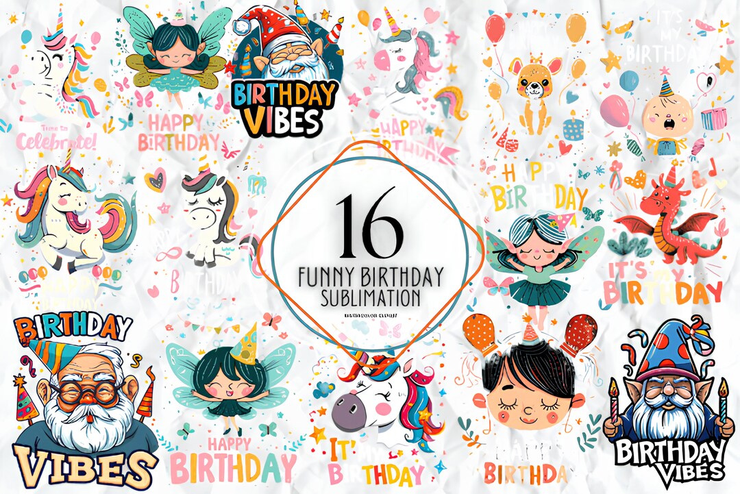 Funny Birthday Clipart Bundle, Cake Present Balloons Clipart Bundle ...