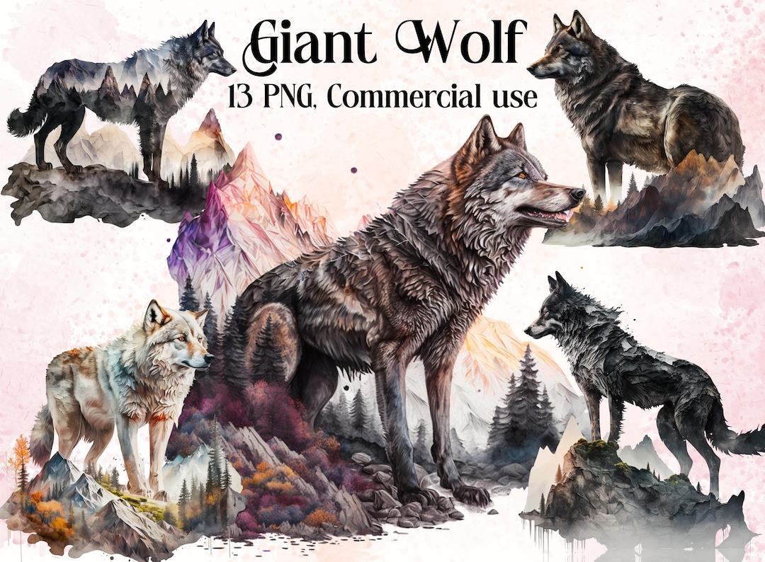 Watercolour Mythical Giant Wolves Clipart Bundle , Giant Mythics Wolf ...