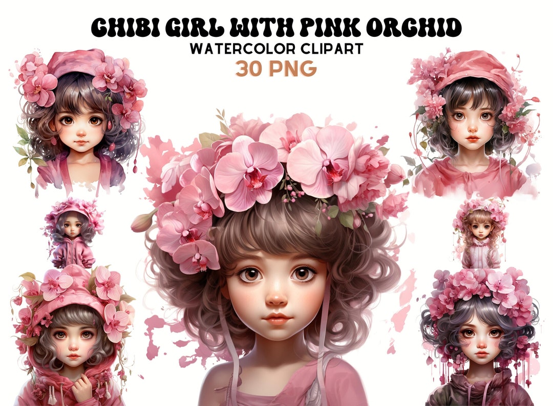 Chibi Girls Pink Orchid Flowers, Watercolor Girls, Cute Illustrations ...