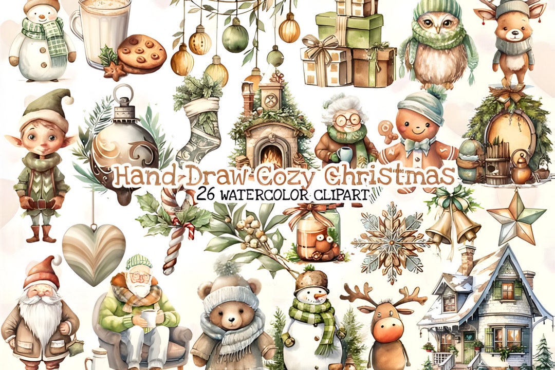 Hand Draw Cozy Christmas Clipart Painted Christmas Clipart Christmas ...