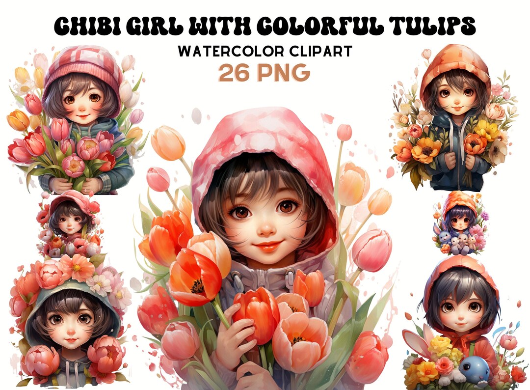 Chibi Girls Colorful Tulips, Watercolor Girls, Cute Illustrations ...