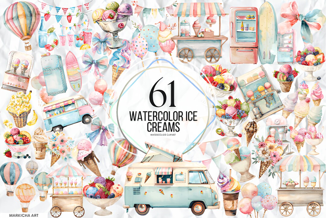 Watercolor Ice Cream Clipart, Cones and Sundaes, Ice Cream Truck Clip ...