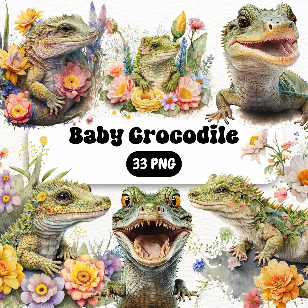 33 Crocodile Safari Watercolor Clipart Bundle, Cute Animal, Baby Shower ...
