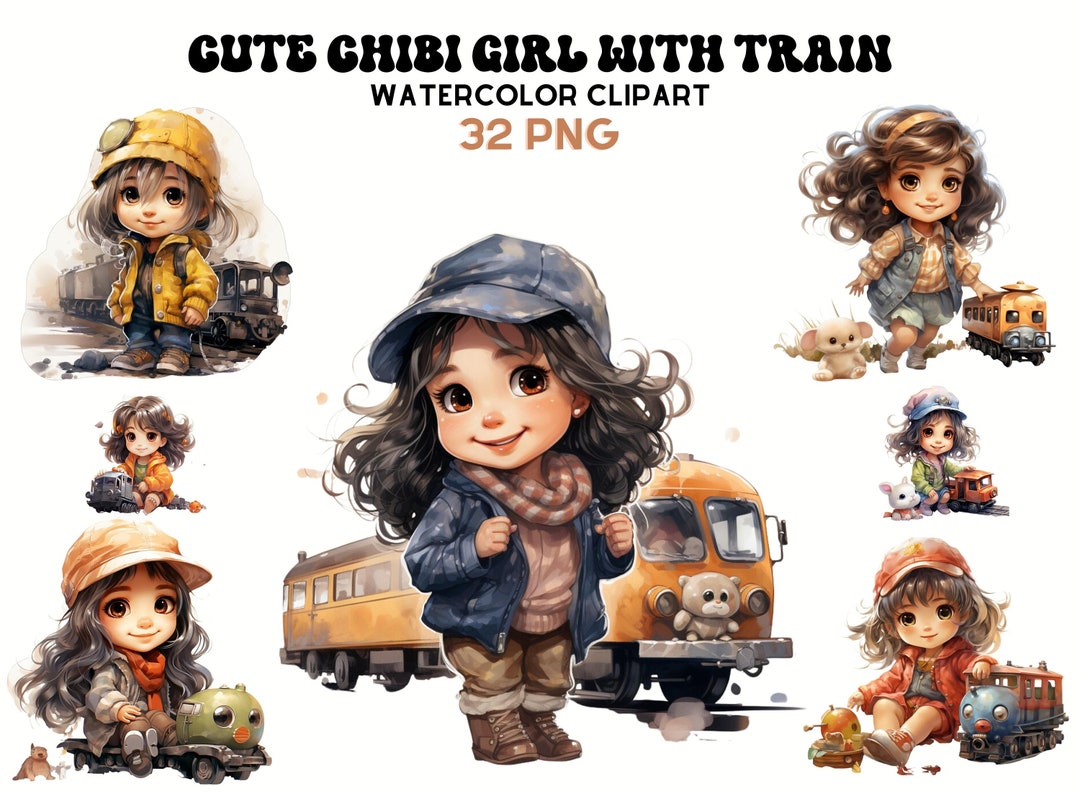 Cute Chibi Girls With Trains, Watercolor Girls, Cute Illustrations ...