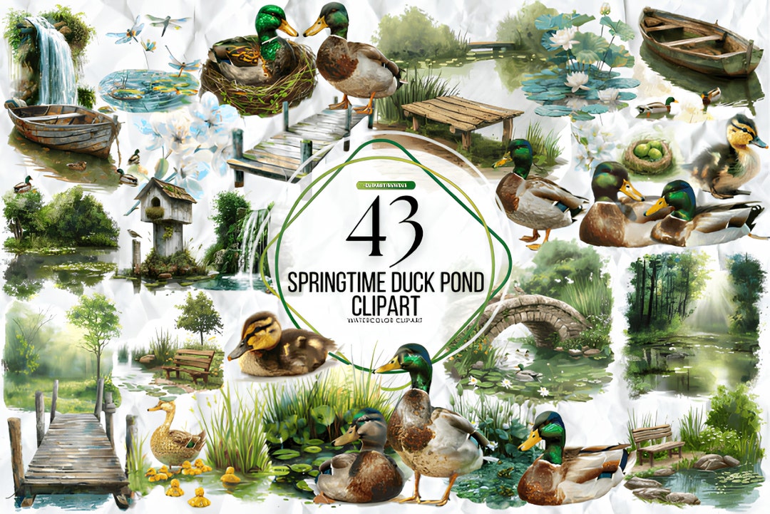 Duck Pond Springtime Clipart Bundle, Printable Watercolor Wall Art ...