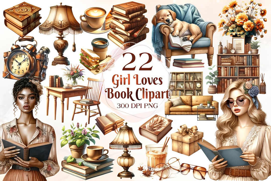 Girl Loves Books Clipart Bundle, Watercolor Clipart, Pretty Girl ...
