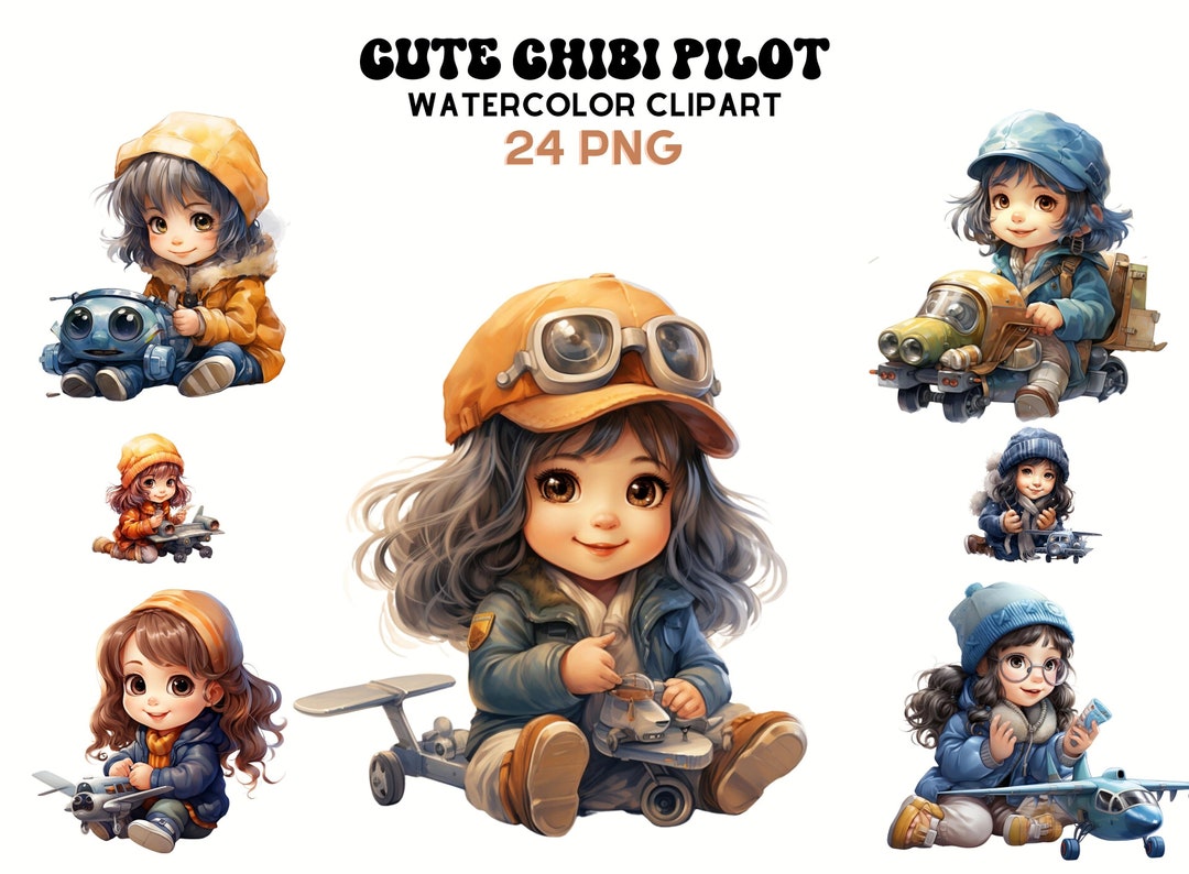 Cute Chibi Pilot Girls, Watercolor Girls, Cute Illustrations, Digital ...