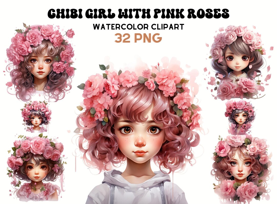 Pink Roses Chibi Girls, Watercolor Girls, Cute Illustrations, Digital ...