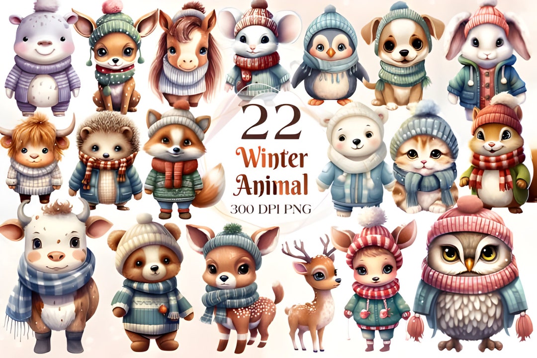 Cute Winter Animals Clipart, Cute Critters, Scarf and Beanie, Snowy ...