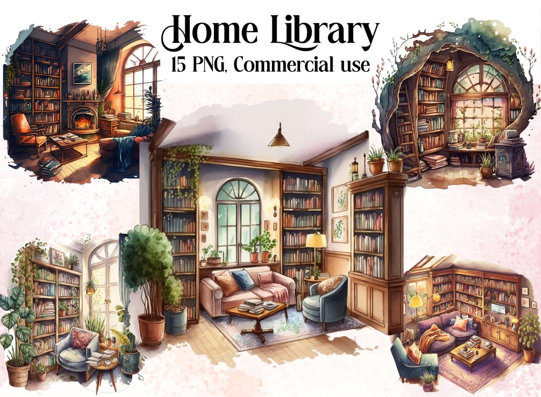 Watercolour Cozy Home Library Clipart Bundle, Bookshelf, Bookcase ...