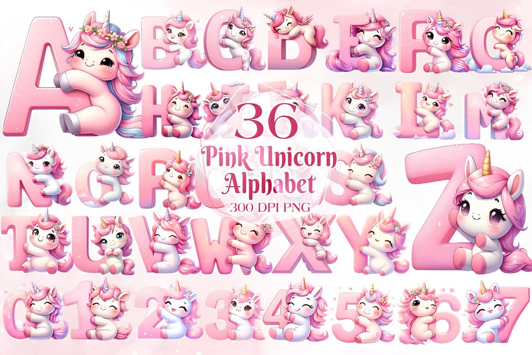 Pink Unicorn Alphabet Digital Watercolor Clipart, High-resolution ...