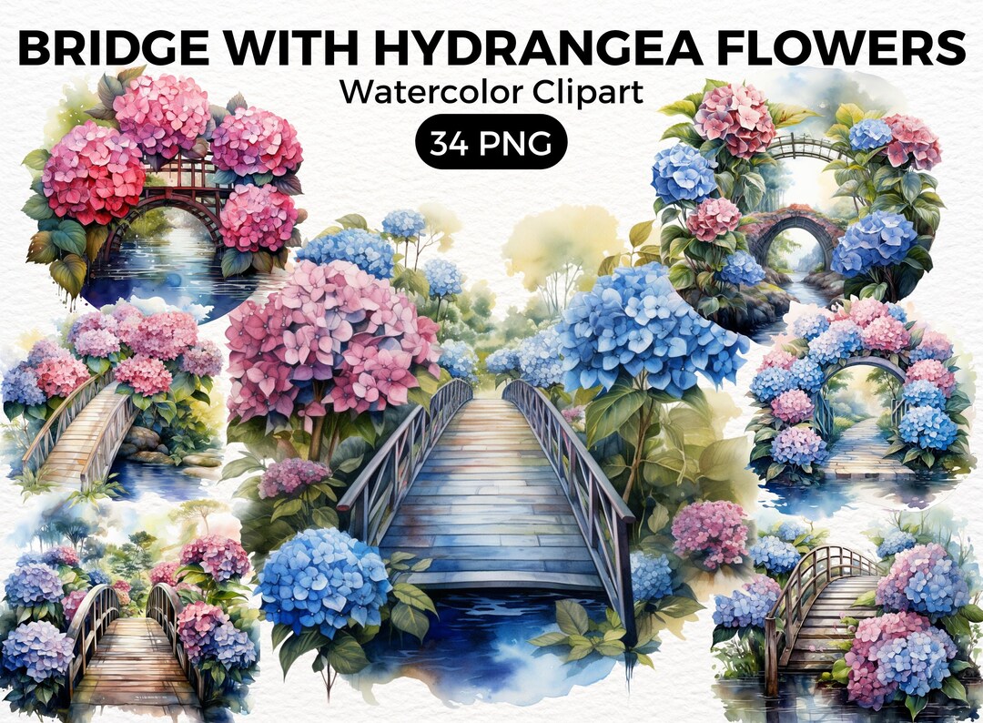 Garden Bridge Hydrangea Flowers Clipart, Garden Digital Watercolor Png ...