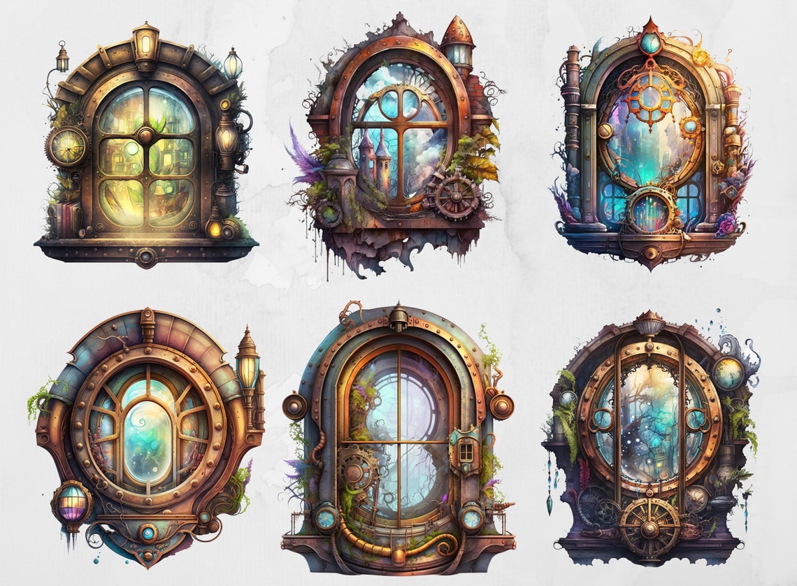 Steampunk Window Clipart Stained Glass Clipart Watercolor - Etsy