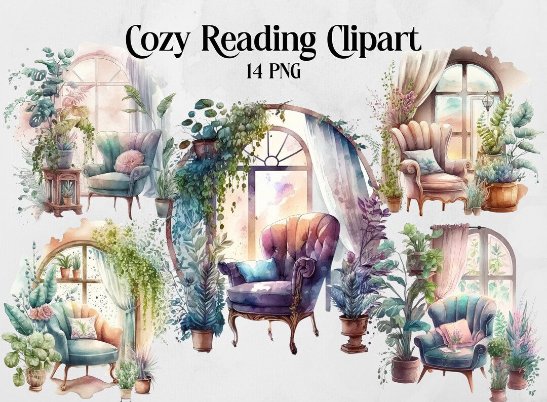 Watercolour Bookworm Cozy Reading Corner Clipart Bundle, Bookshelf ...