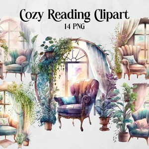 Watercolour Bookworm Cozy Reading Corner Clipart Bundle, Bookshelf ...