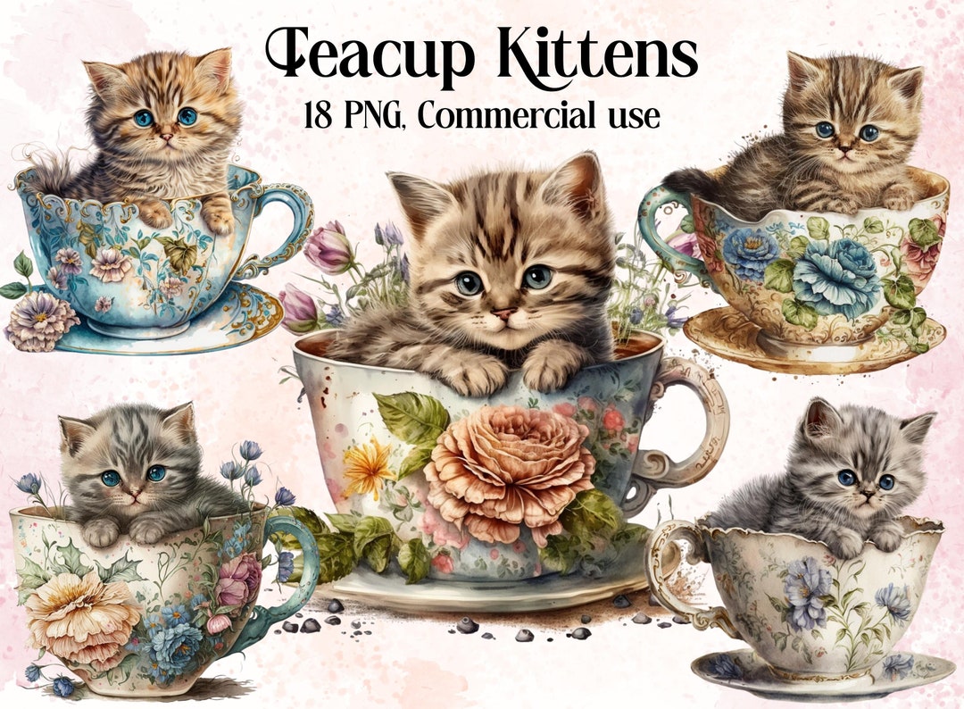 Watercolour Vintage Teacup Kittens Clipart - Kawaii Cat PNG Digital ...