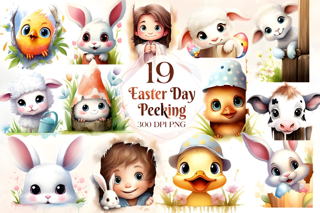 Watercolor Spring Easter Peeking Baby Animals Clipart - Animals With ...