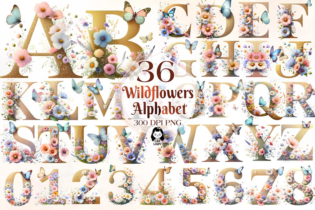 Wildflowers Alphabet Watercolor Png, 36 Floral Letters Clipart ...