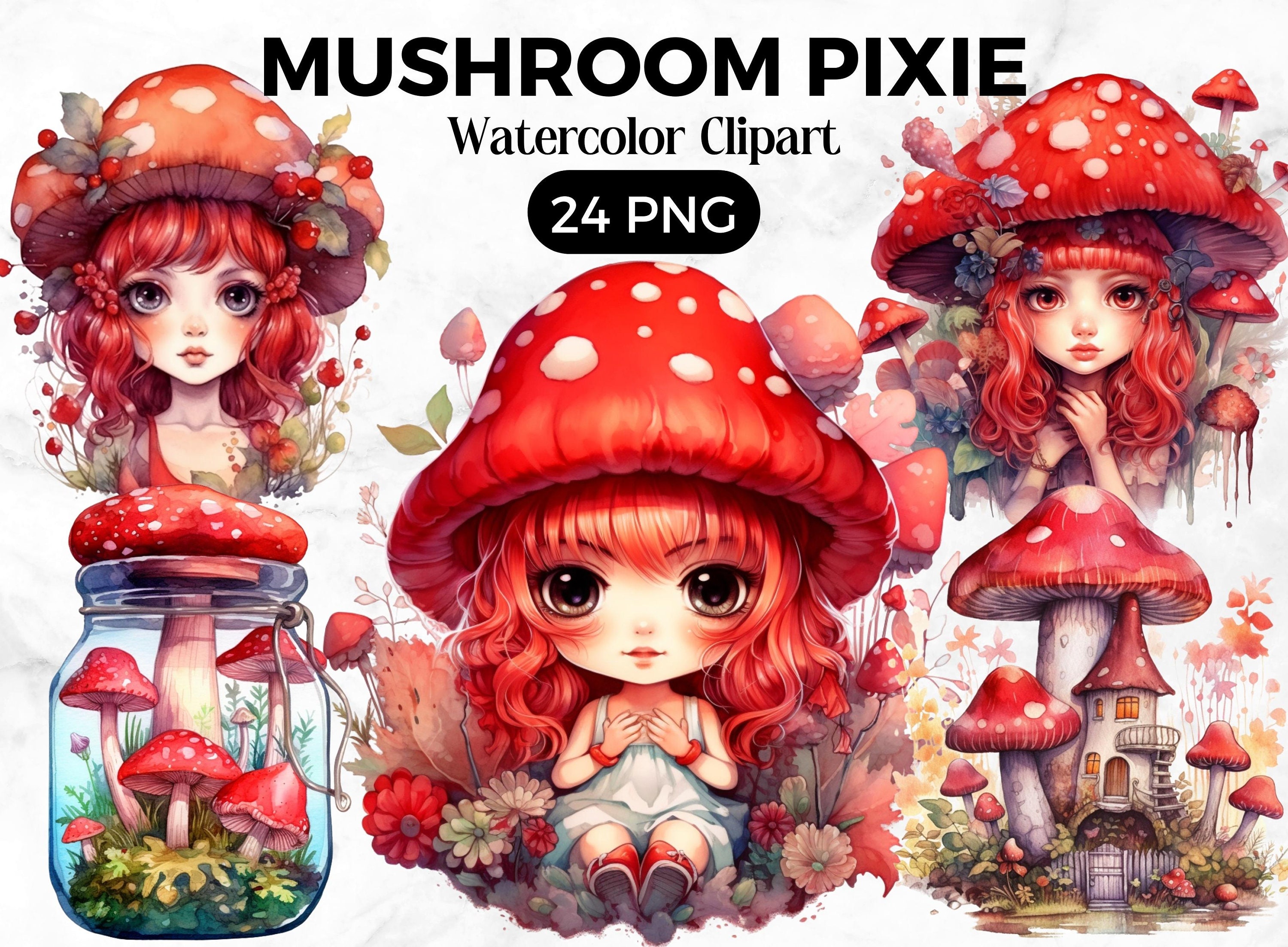 Watercolour Mushroom Pixie Clipart - Fairytale Fantasy PNG Digital ...