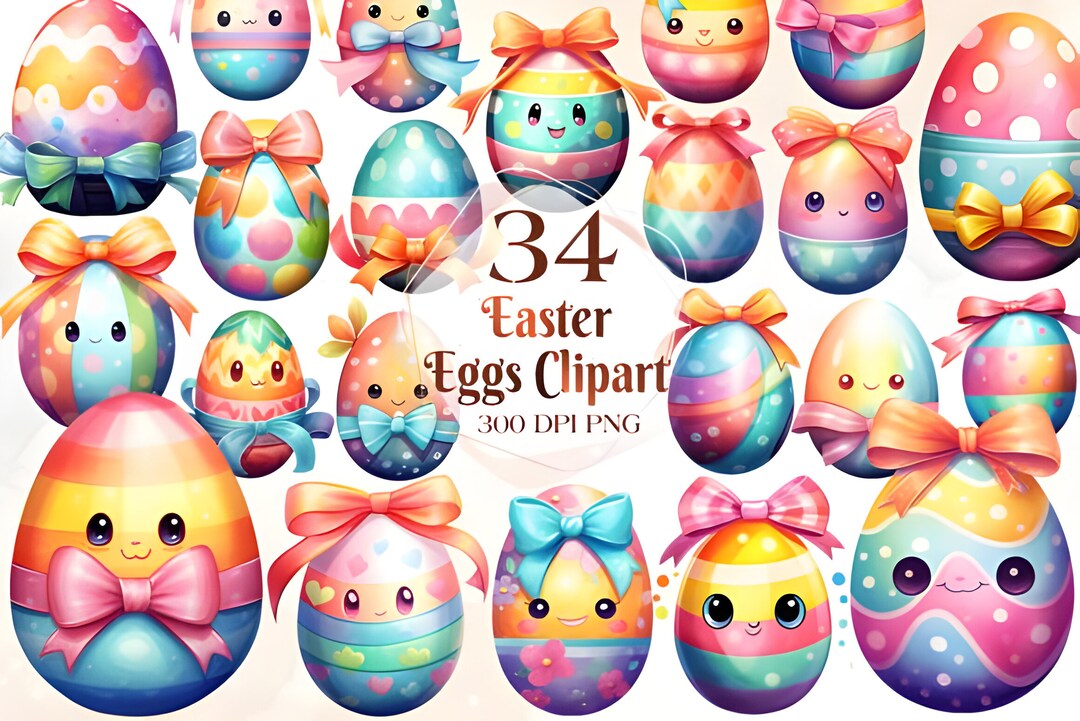 Watercolour Cute Easter Eggs Clipart - Spring Bow PNG Digital Image ...