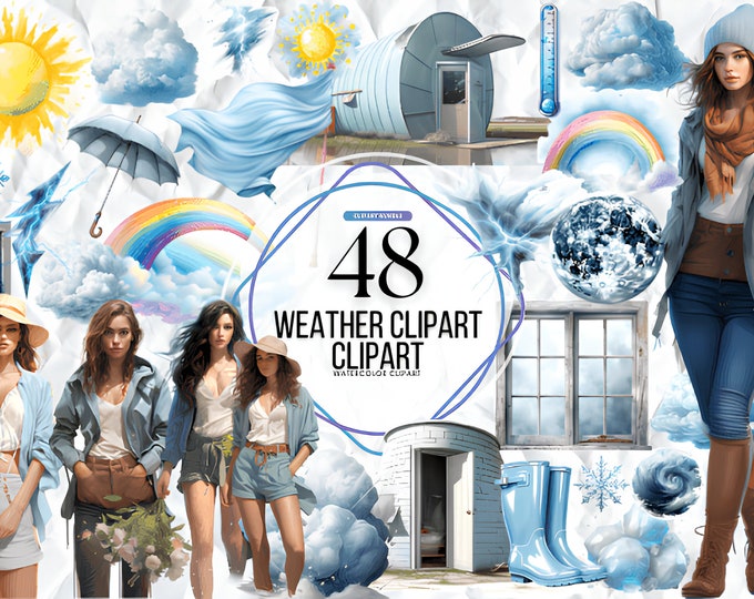Watercolor Weather Girl Clipart - Clouds Download - Instant Download ...
