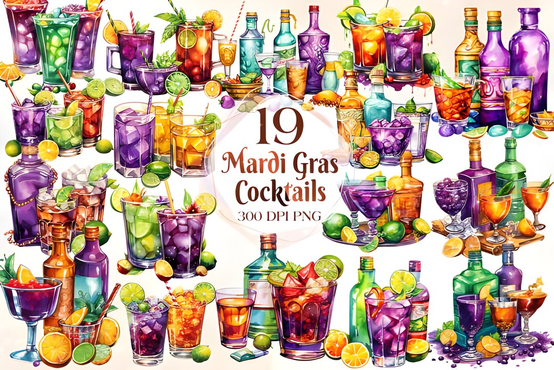 Watercolor Mardi Gras Cocktails Clipart PNG Bundle King Cake Clipart ...
