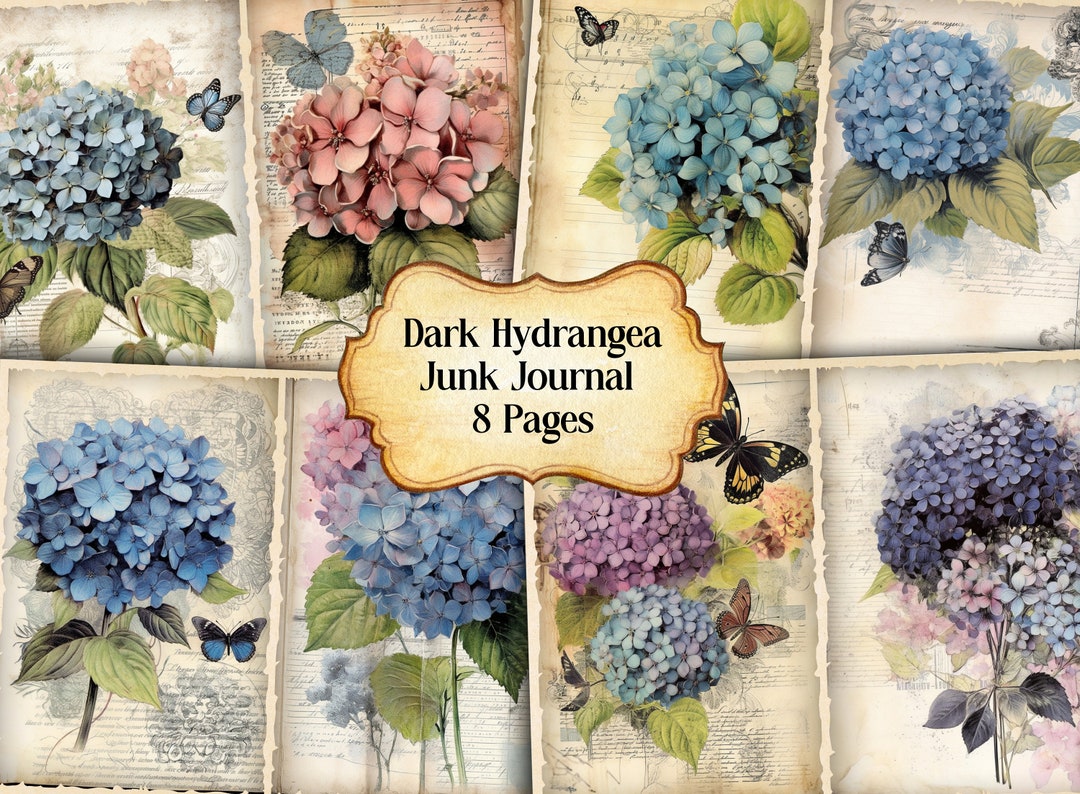 Dark Hydrangea Junk Journal Printable, Vintage Hydrangea Junk Journal Kit, Junk Journal Pages ...