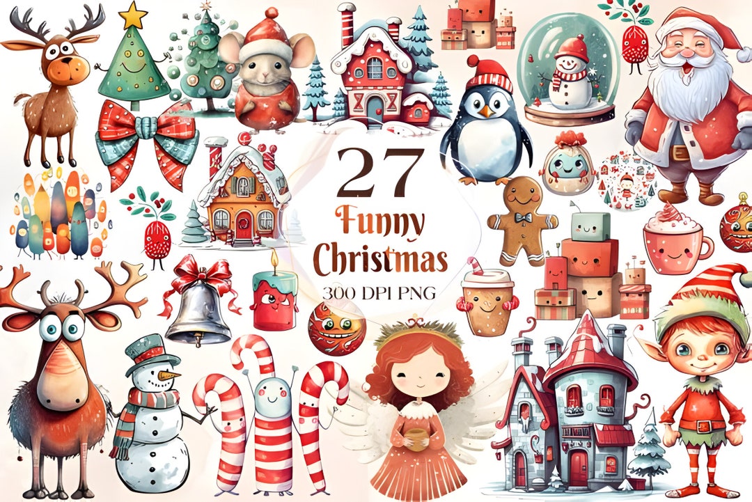 Funny Hand Drawn Christmas Clipart | Painted Watercolor Christmas ...