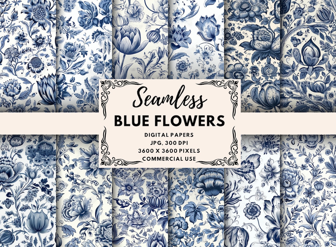 Delft Blue Flowers Digital Paper, Flowers Seamless Pattern, Floral ...