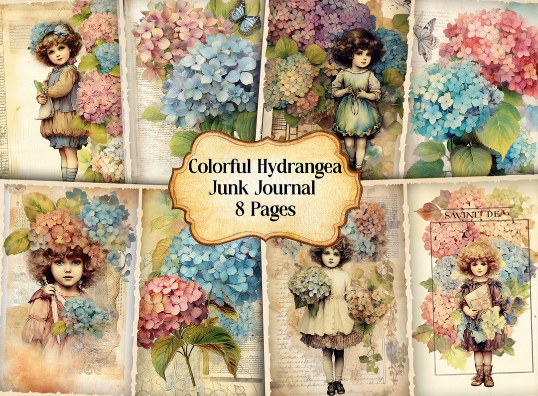 Colorful Hydrangea Junk Journal Printable, Vintage Hydrangea Junk Journal Kit, Junk Journal ...