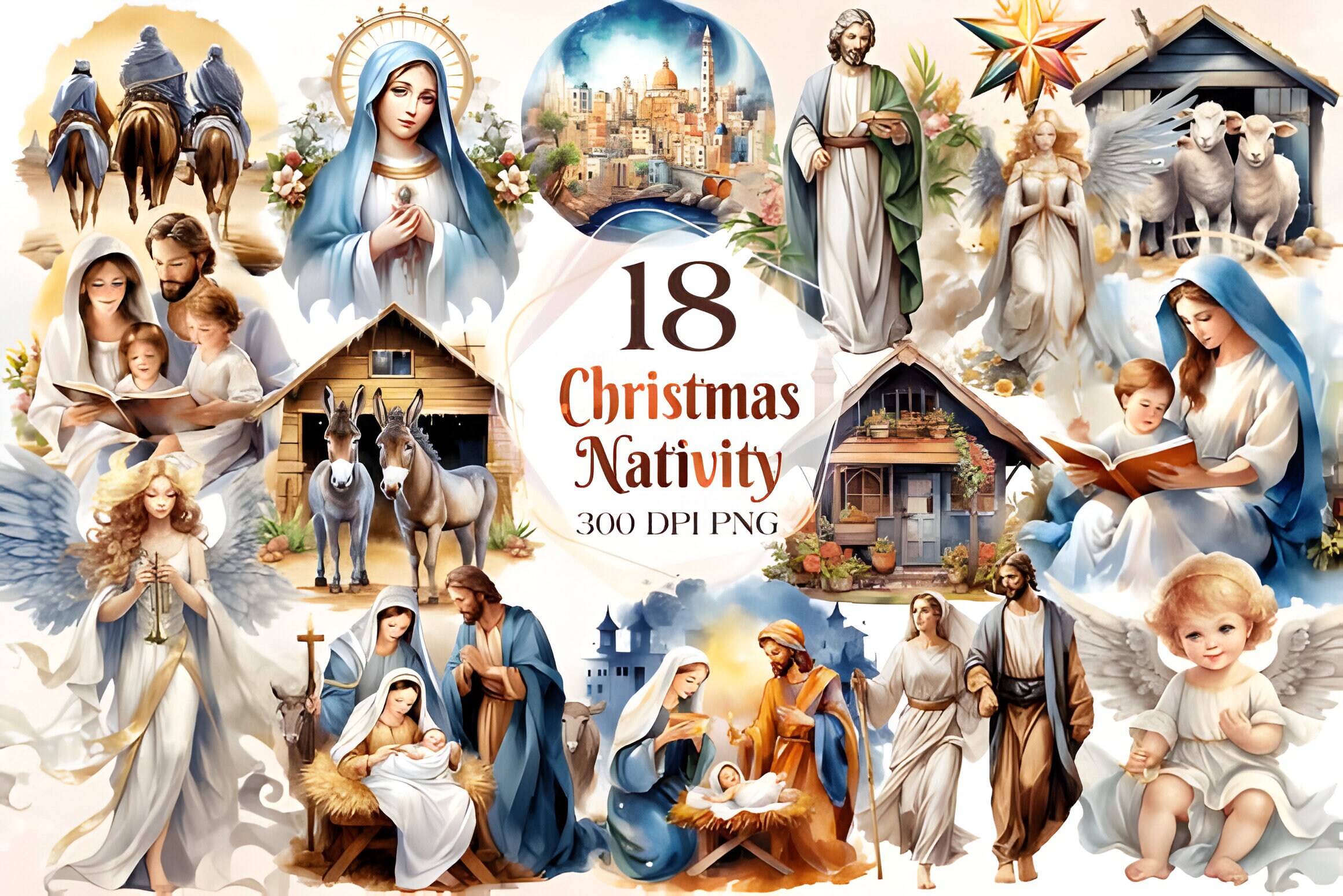 Nativity Scene Clipart Watercolor Bundle, Transparent PNG, Christmas ...
