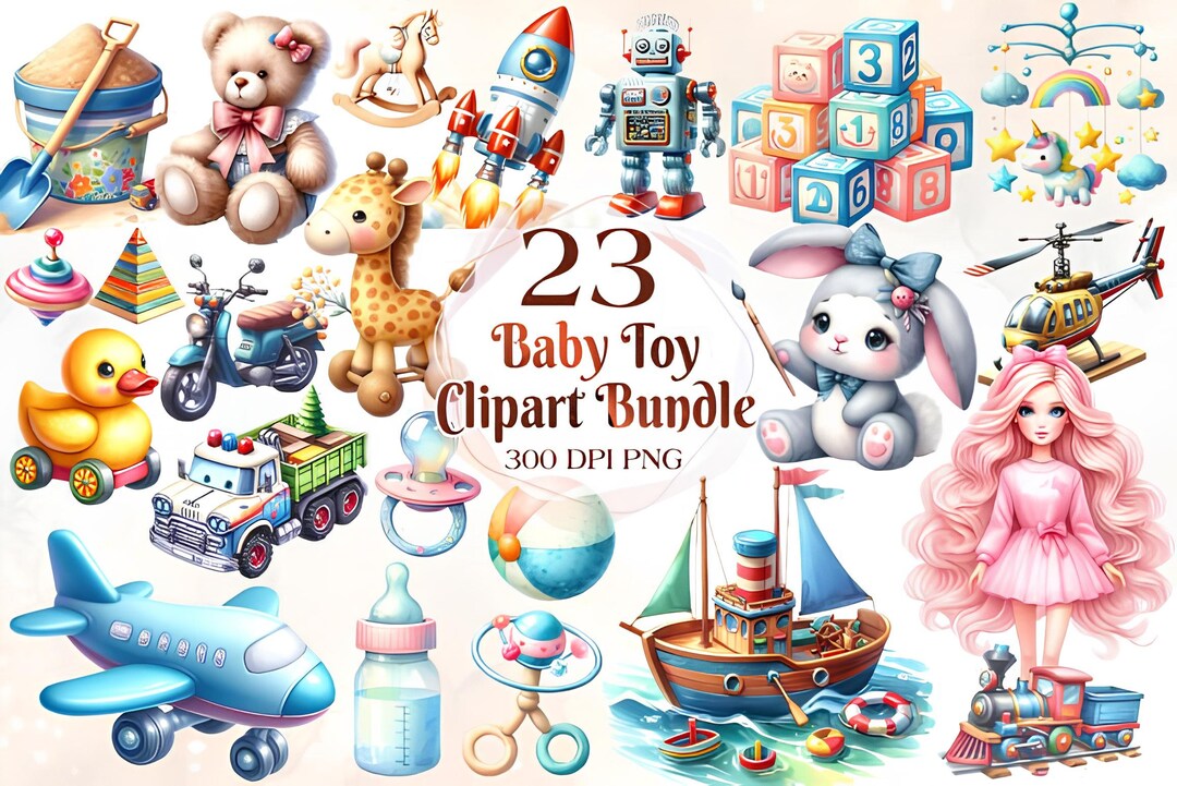 Watercolor Baby Toys Clipart | Wooden Blocks, Plush Bunny, Nursery ...