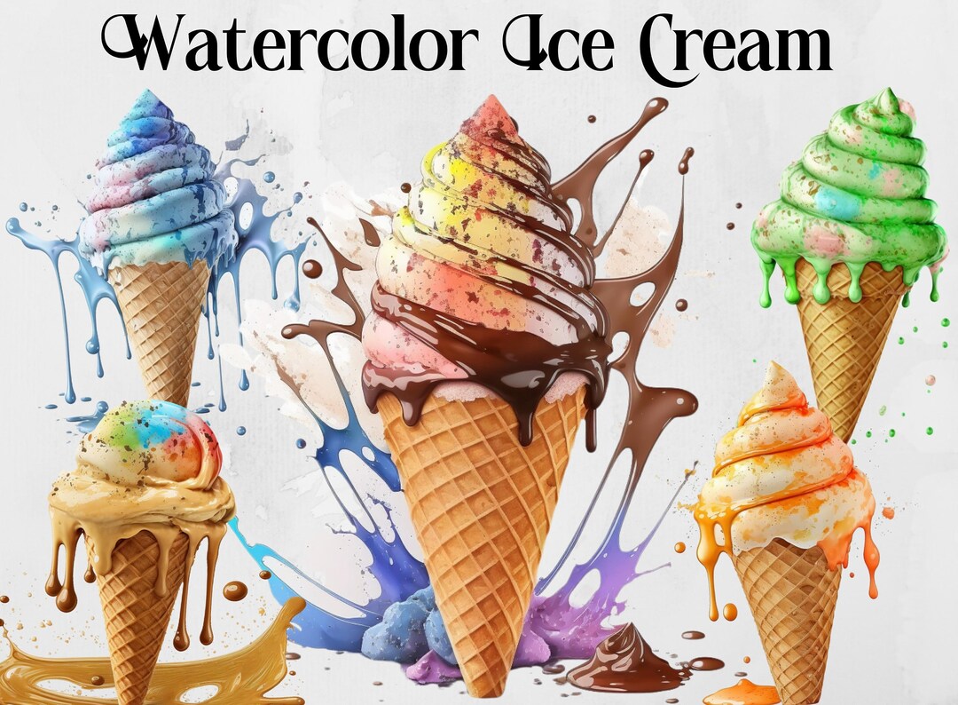 Watercolour Ice Cream Cone Clipart - Summer PNG Digital Image Downloads ...