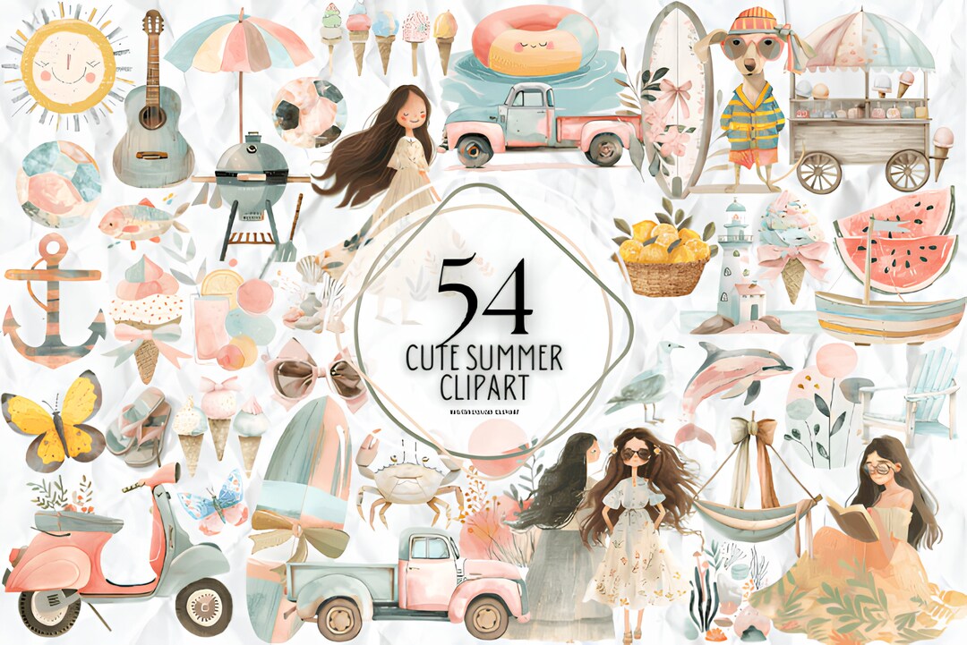 Cute Summer Clipart PNG - Cute Pool Party Clipart Bundle - Watercolour ...