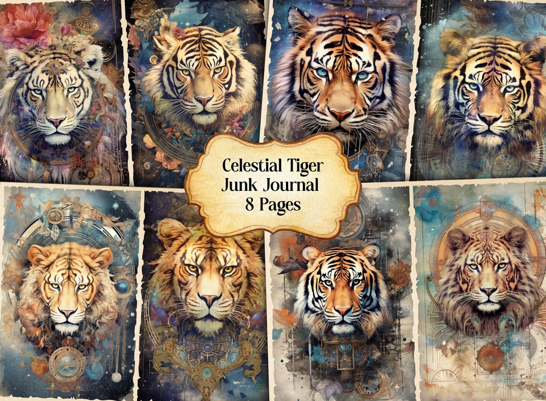 Watercolor Celestial Tiger Junk Journal Printable Page, Cosmic Tiger ...