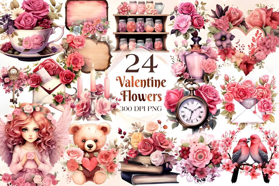 Valentine Flowers Clipart Bundle, Flower Heart Valentine Illustrations ...