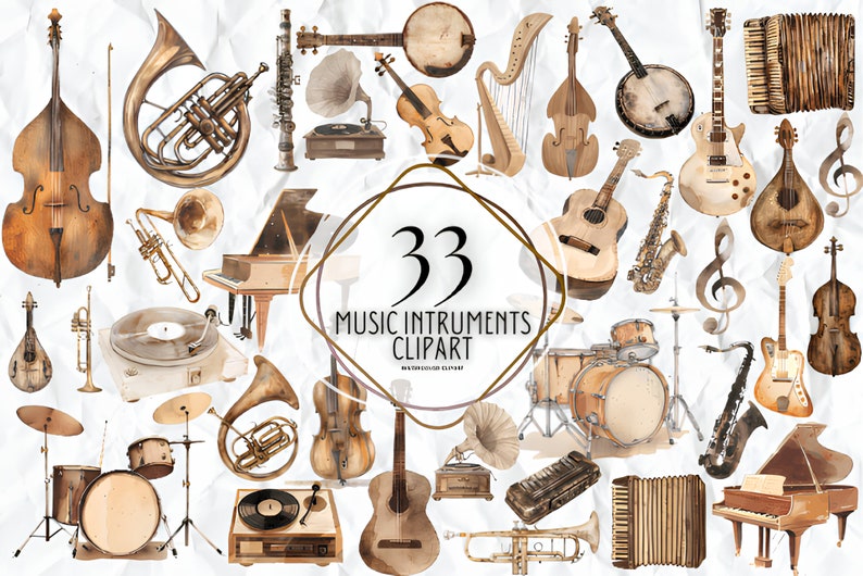 Vintage Musical Instruments Clipart Set, Orchestra Clip Art Bundle ...