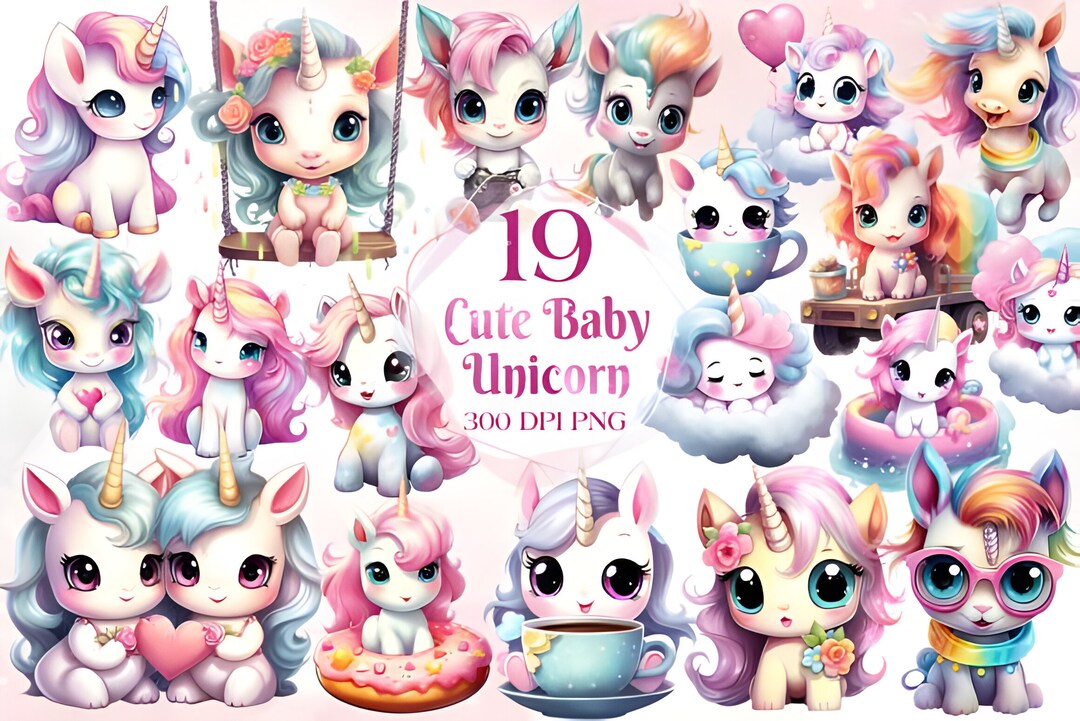 Watercolor Cute Kawaii Unicorn Clipart Bundle,commercial Use ...