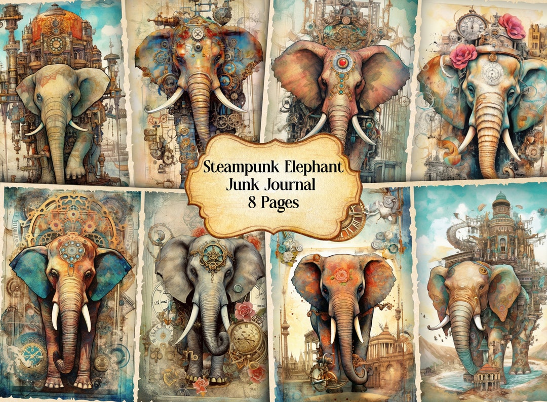 Watercolor Steampunk Elephant Junk Journal Printable Page, Steampunk ...