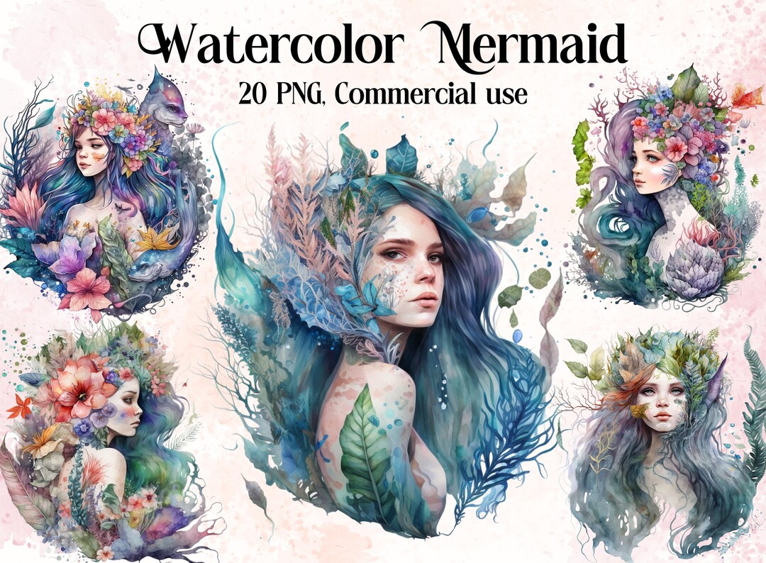20 PNG Watercolor Fantasy Mermaid Clipart, Mermaid Clip Art, Royal ...