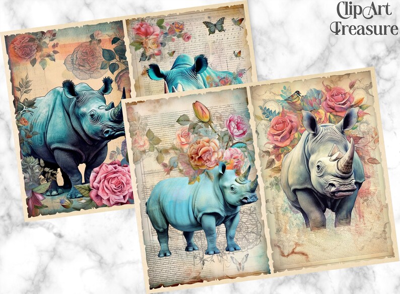 Watercolor Rhino Junk Journal Printable Page, Rhino Junk Journal Kit ...