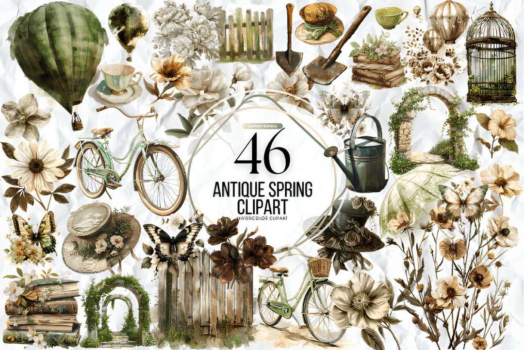 Watercolor Antique Spring Clipart, Cozy Spring Clip Art, Floral ...