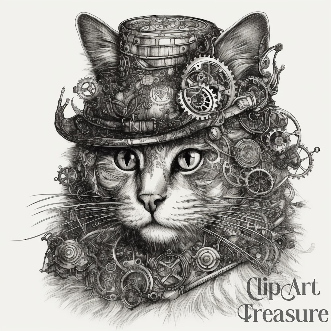 Steampunk Cat Wall Art Hand Pen Drawn Steampunk JPG Art - Etsy