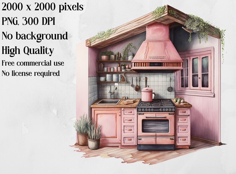 Pink Cottage Kitchen Clip Art, Watercolor Kitchen Clip Art Bundle ...