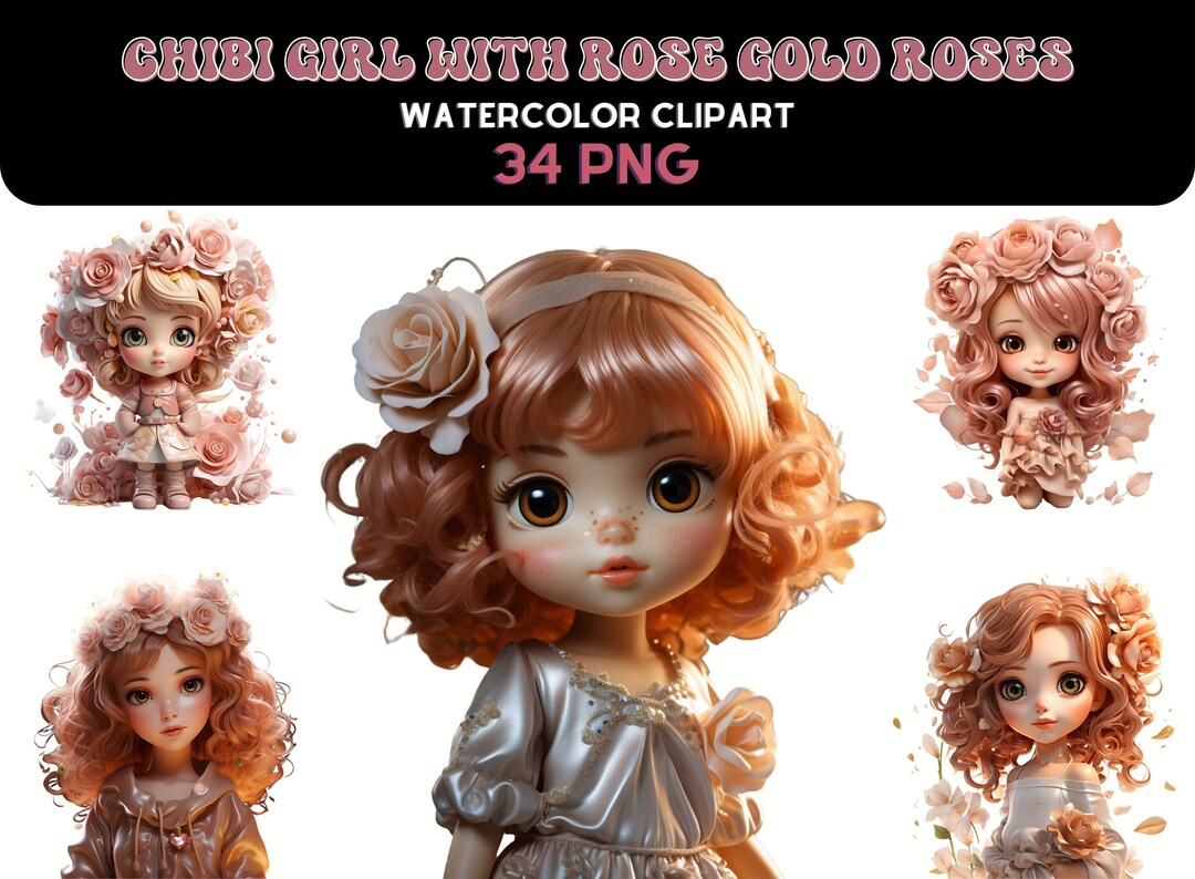 Rose Gold Roses Chibi Girls, Watercolor Girls, Cute Illustrations ...