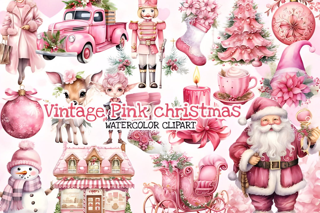 Vintage Pink Christmas Clipart | Painted Watercolor Christmas Clipart ...